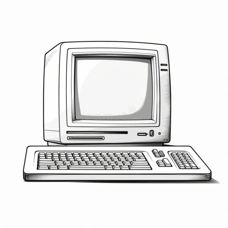 Vintage Computer Drawing on White Background - Graphic Illustration ...