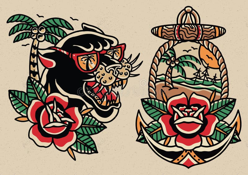 Old Skool Tatoo flash set stock vector. Illustration of heavy - 246774410