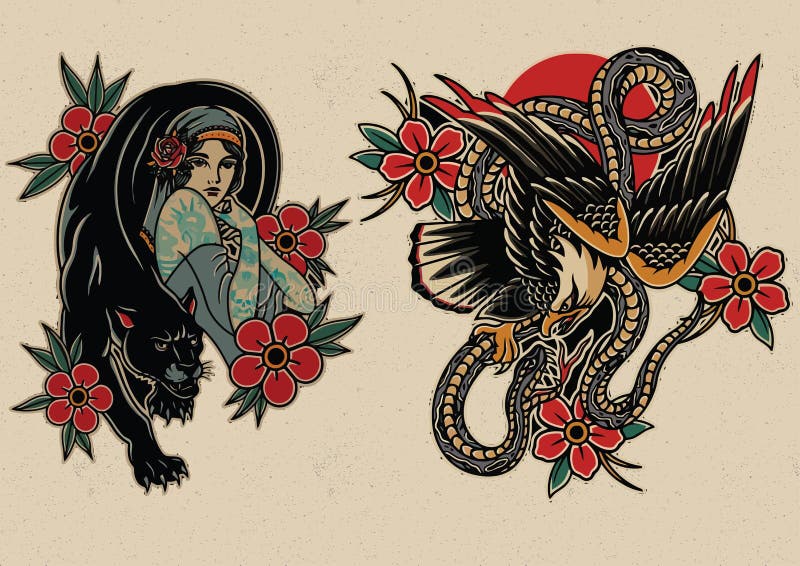 Old Skool Tatoo flash set stock vector. Illustration of barber - 254052674