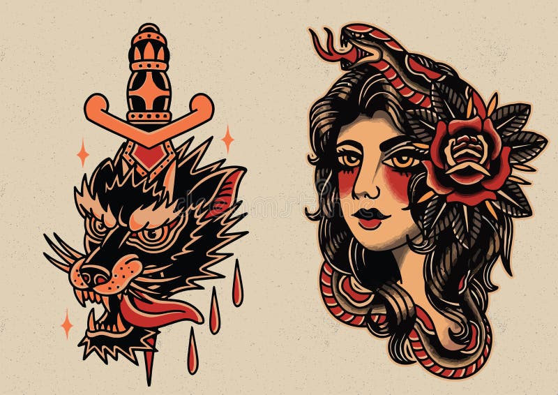 Old Skool Tatoo flash set stock vector. Illustration of frog - 253840684