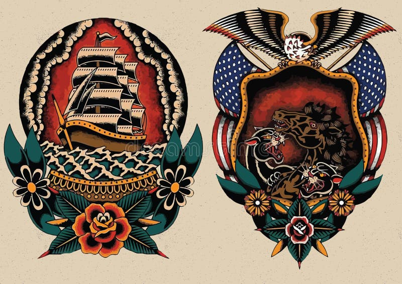 Old Skool Tattoo flash set stock vector. Illustration of demon - 254351796