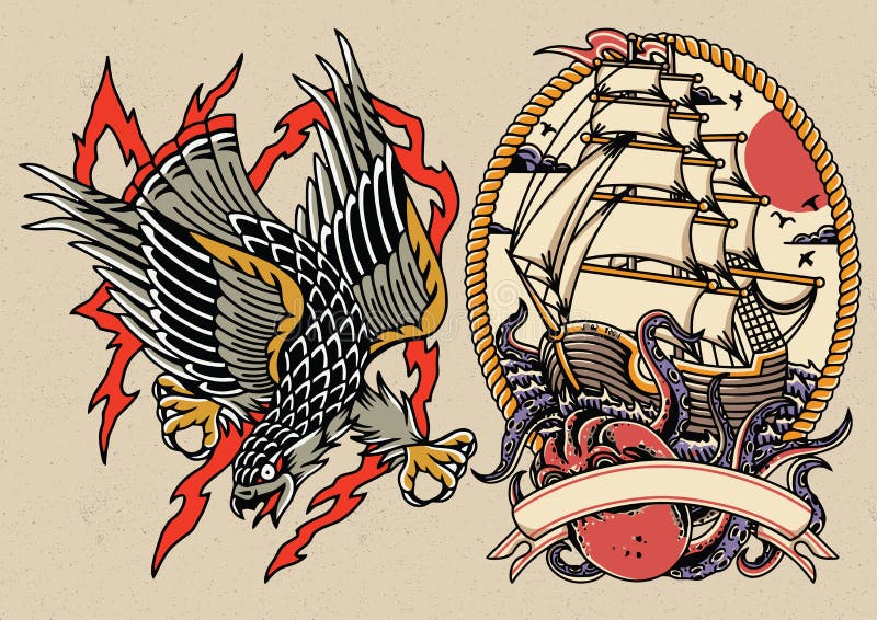 Old Skool Tatoo flash set stock vector. Illustration of flower - 247028847