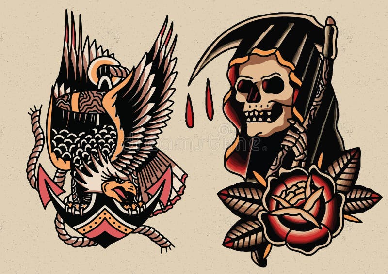 Old Skool Tatoo flash set stock vector. Illustration of america - 253923620