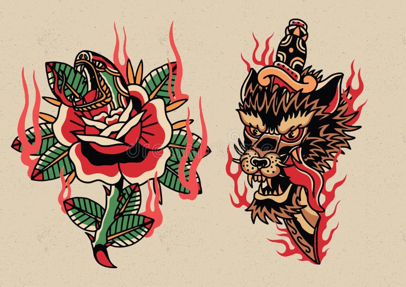 Old Skool Tatoo flash set stock vector. Illustration of flash - 253988305