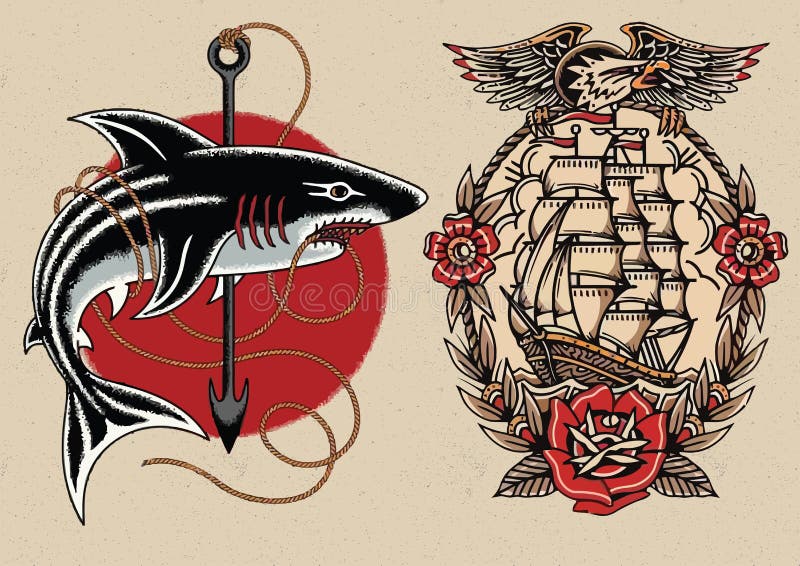 Old Skool Tattoo flash set stock vector. Illustration of elements ...