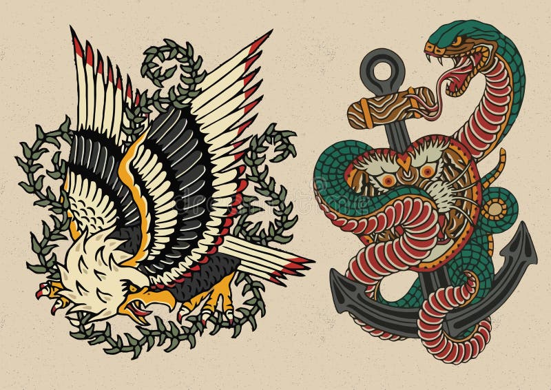 Old Skool Tattoo flash set stock vector. Illustration of eagle - 254375025