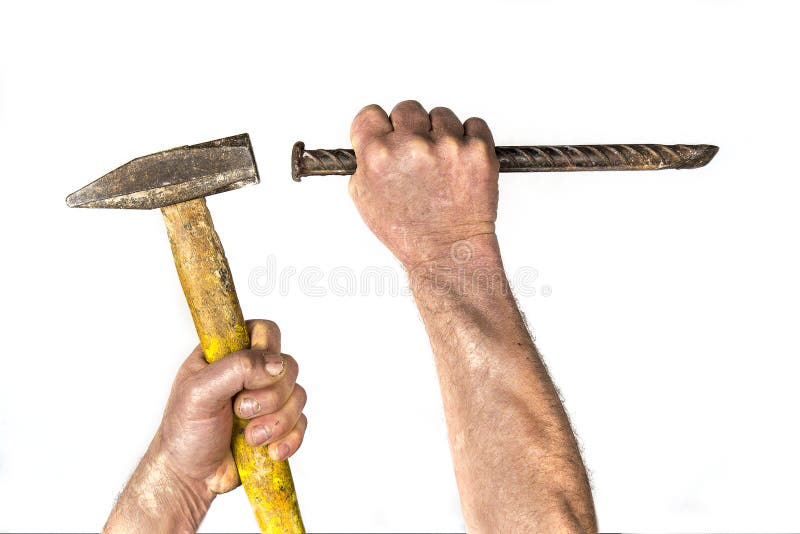 Old Sledge Hammer and Tip Chisel in Overworked Male Hands Stock Image ...