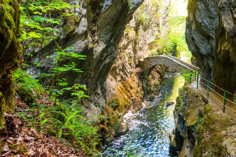 Old Small Stone Bridge Over River at Gorges De L Areuse, Switzerland ...