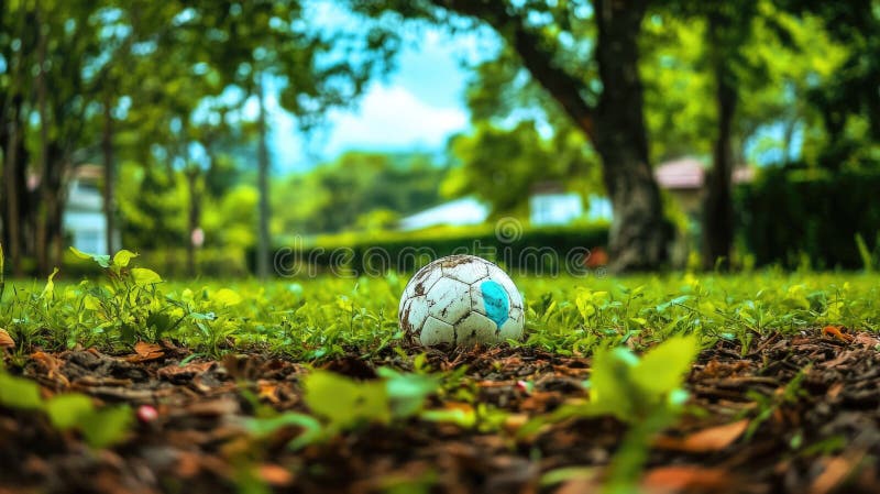 Old Soccer Ball Lying on Grass in a Sunlit Park with Blurred Trees ...