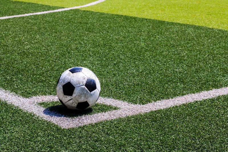 The Old Soccer Football on the White Line in the Artificial Turf Stock ...