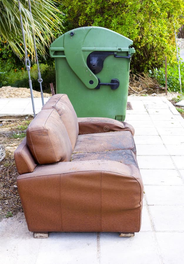 Old Sofa on the Street Near Trash Can Stock Image - Image of brown ...
