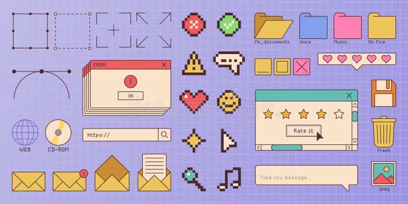 Old Software Windows and Icons Set Stock Illustration - Illustration of ...