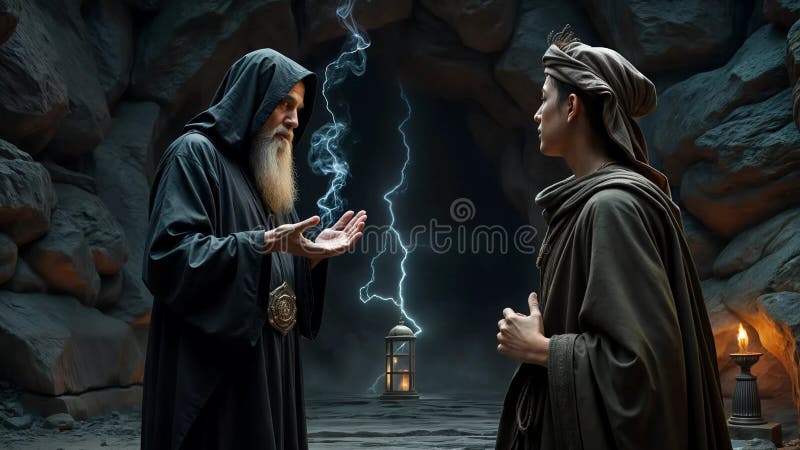 An Old Sorcerer Opens a Cave for Aladdin with Magic. the Tale of the ...