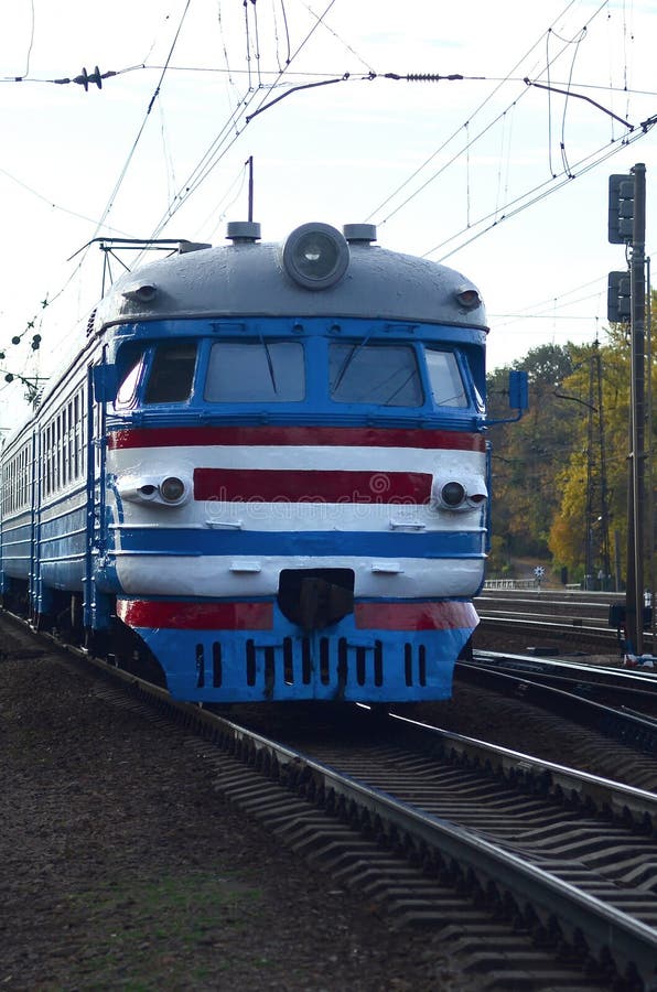 Old Soviet Electric Train with Outdated Design Moving by Rail Stock ...