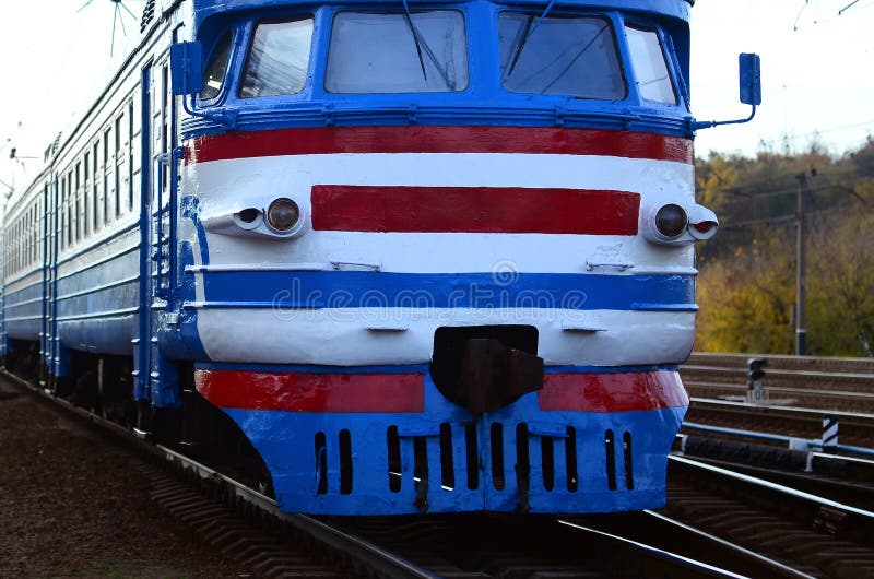 Old Soviet Electric Train with Outdated Design Moving by Rail Stock ...