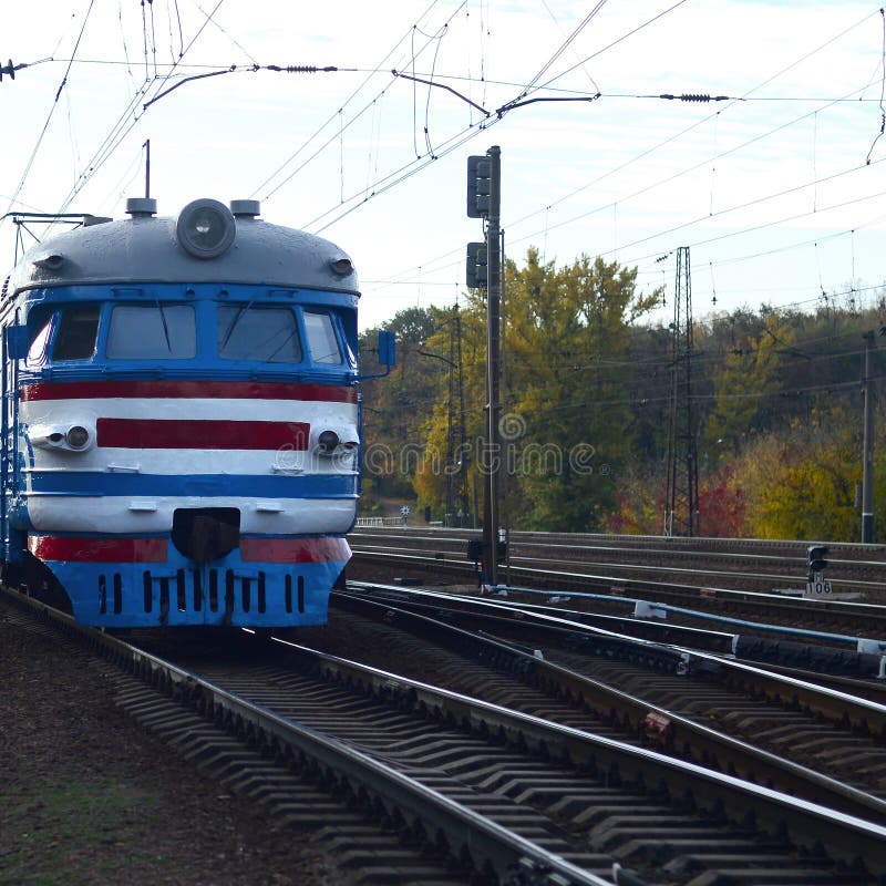 Old Soviet Electric Train with Outdated Design Moving by Rail Stock ...