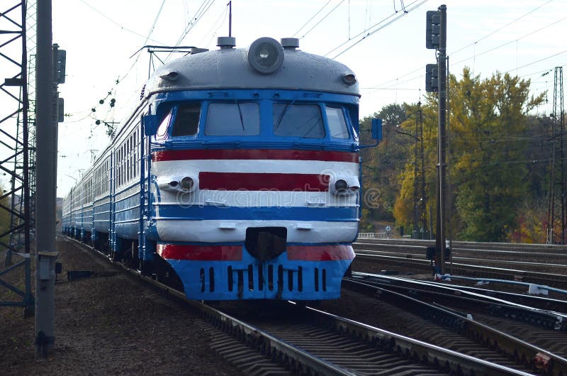 Old Soviet Electric Train with Outdated Design Moving by Rail Stock ...