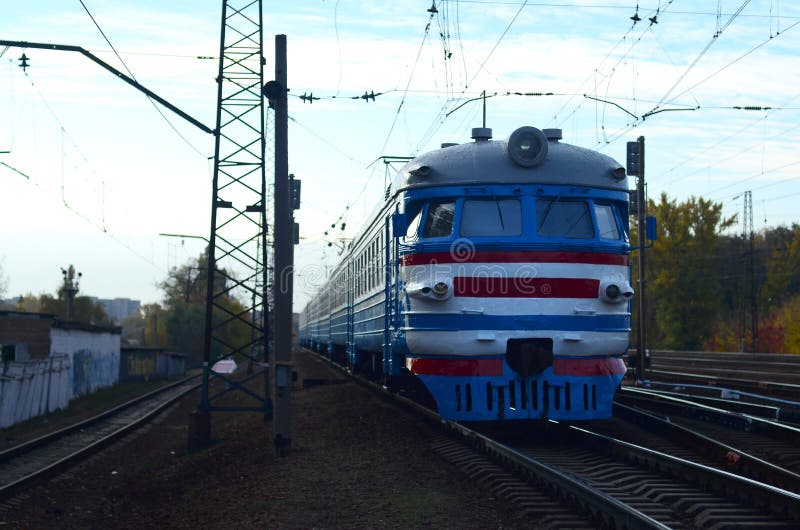 Old Soviet Electric Train with Outdated Design Moving by Rail Stock ...