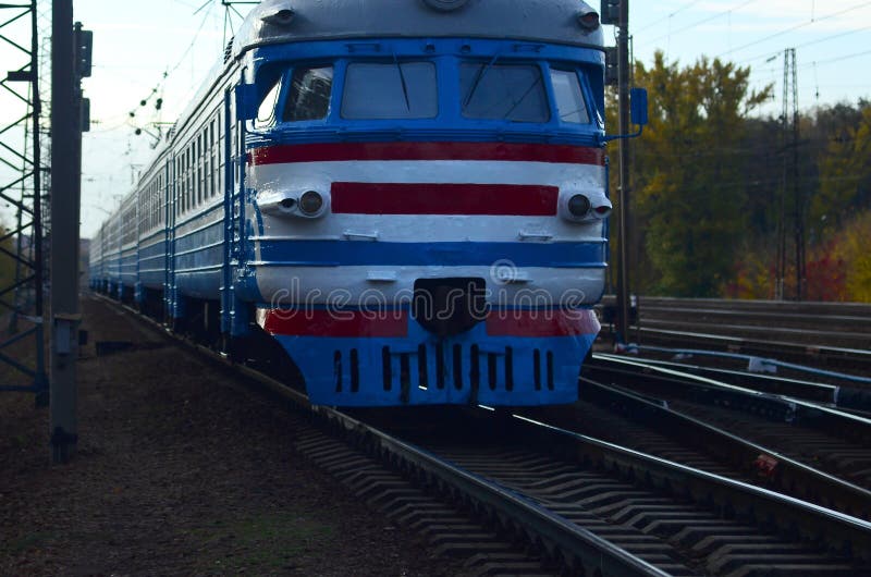 Old Soviet Electric Train with Outdated Design Moving by Rail Stock ...