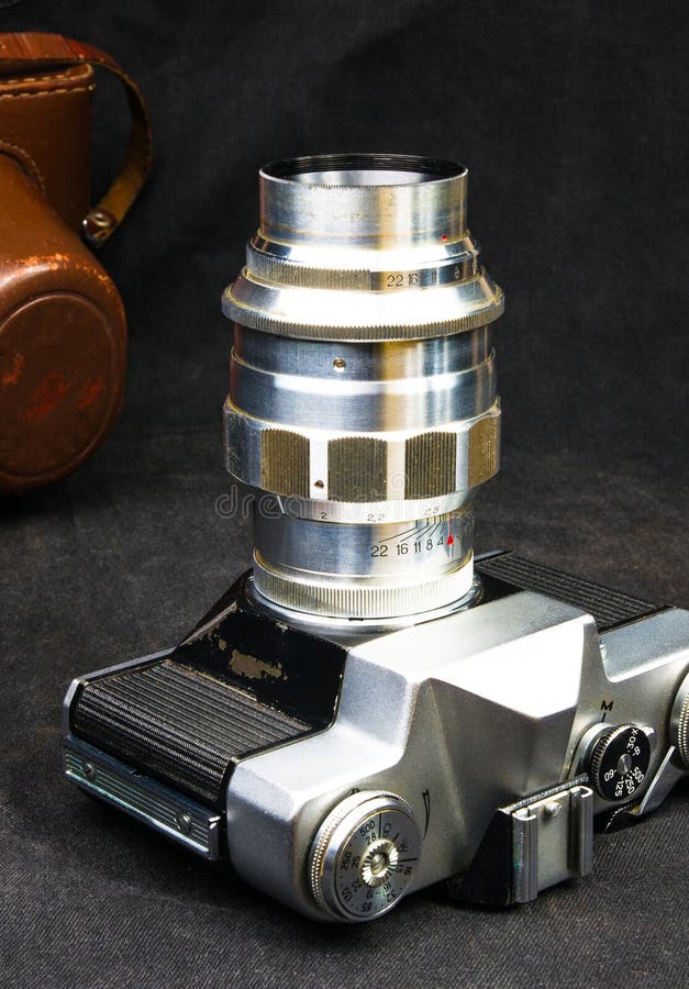 Old Soviet Film SLR Camera with Original Leather Case on Black ...