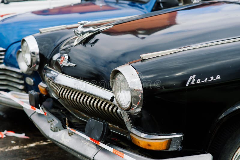 Old Soviet Retro Vintage Car in the Open Air. Row of Auto of the Soviet ...