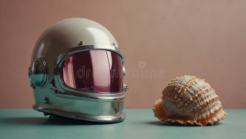 Old Space Helmet and Seashell on Pastel Background. Minimal Abstract ...