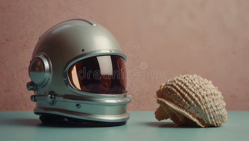 Old Space Helmet and Seashell on Pastel Background. Minimal Abstract ...