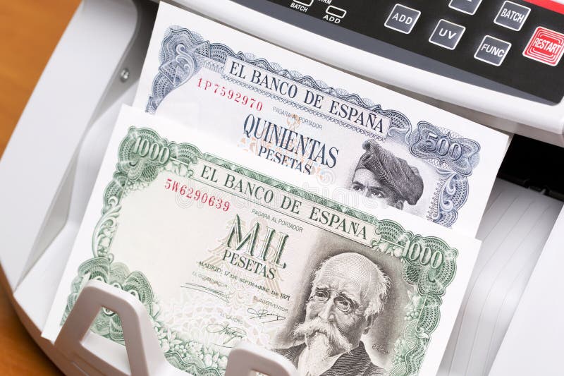 Old Spanish Peseta in the Counting Machine Stock Photo - Image of ...
