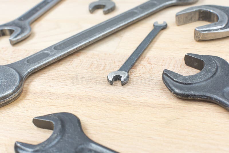 Old Spanners on a Wooden Table Stock Image - Image of chrome, shiny ...
