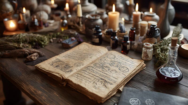 Old Spell Book with Candles and Herbs - Mystic Scene for Occult ...