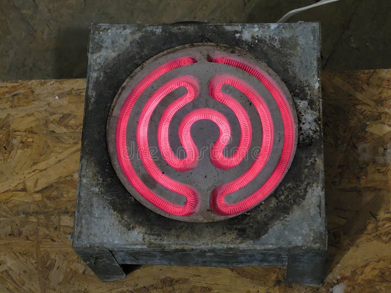 An Old Spiral Electric Stove with a Red-hot Heating Element. Stock ...