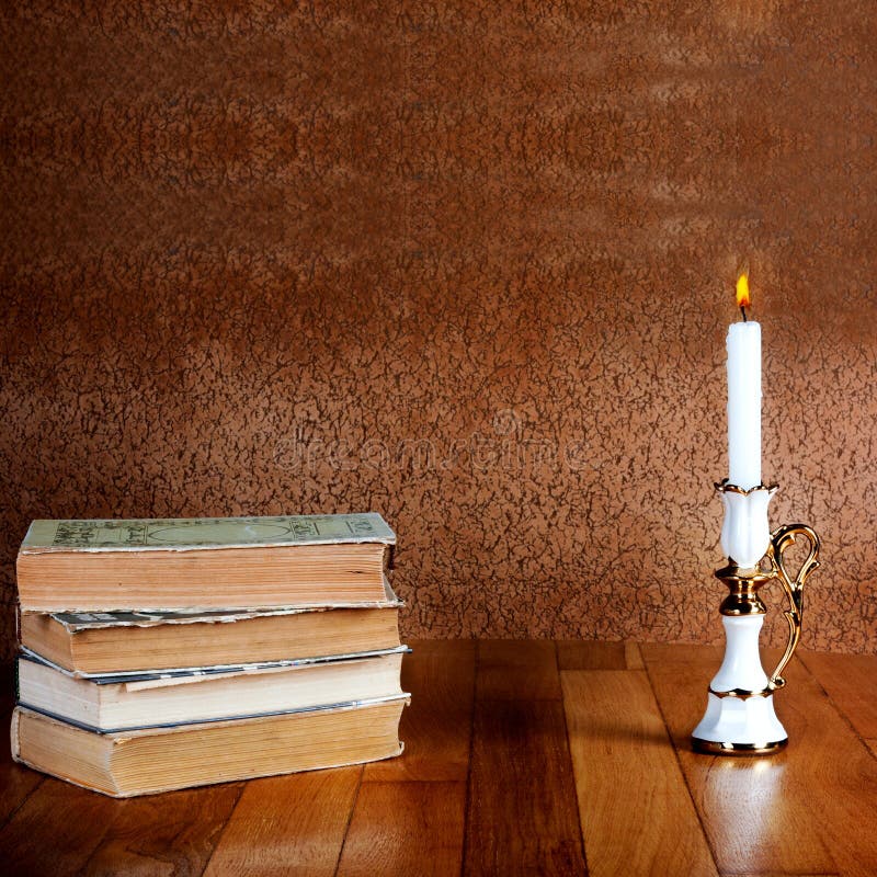 Old Stack of Books with Candlestick Stock Image - Image of fire, open ...