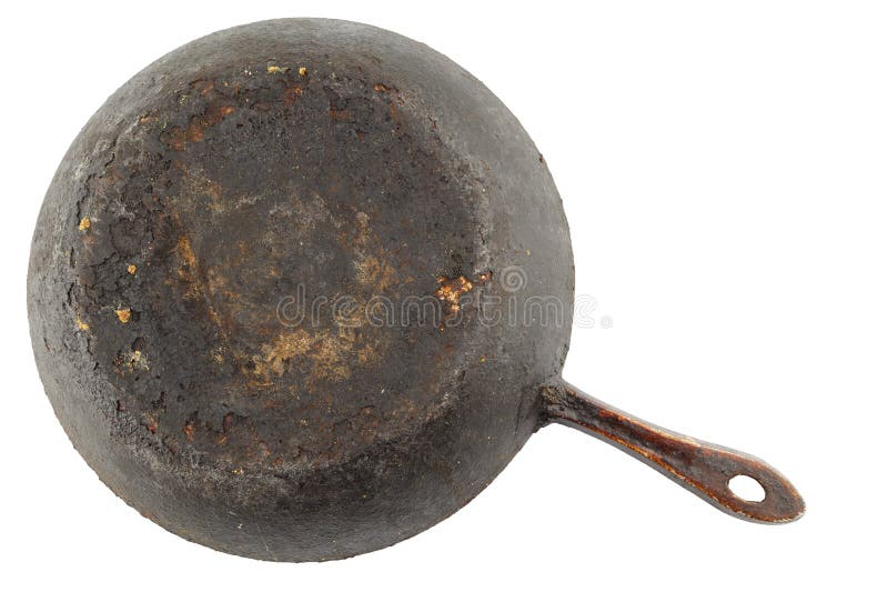Old Stained Rusty Cast Iron Pan with Burnt Fat Isolated on White Bottom ...