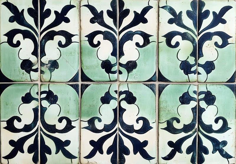 Vintage Green & Blue Floral Tile Pattern Stock Illustration - Illustration of geometric ...