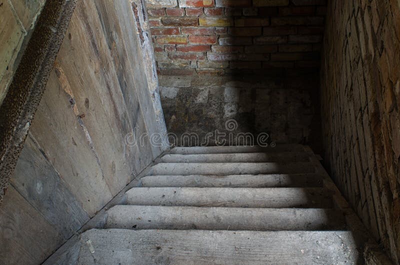Cellar Stairs Of An Old Castle With Sunbeams In Black And White Stock ...