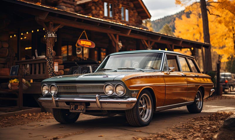 Old Station Wagon Parked in Front of Log Cabin Stock Photo - Image of ...