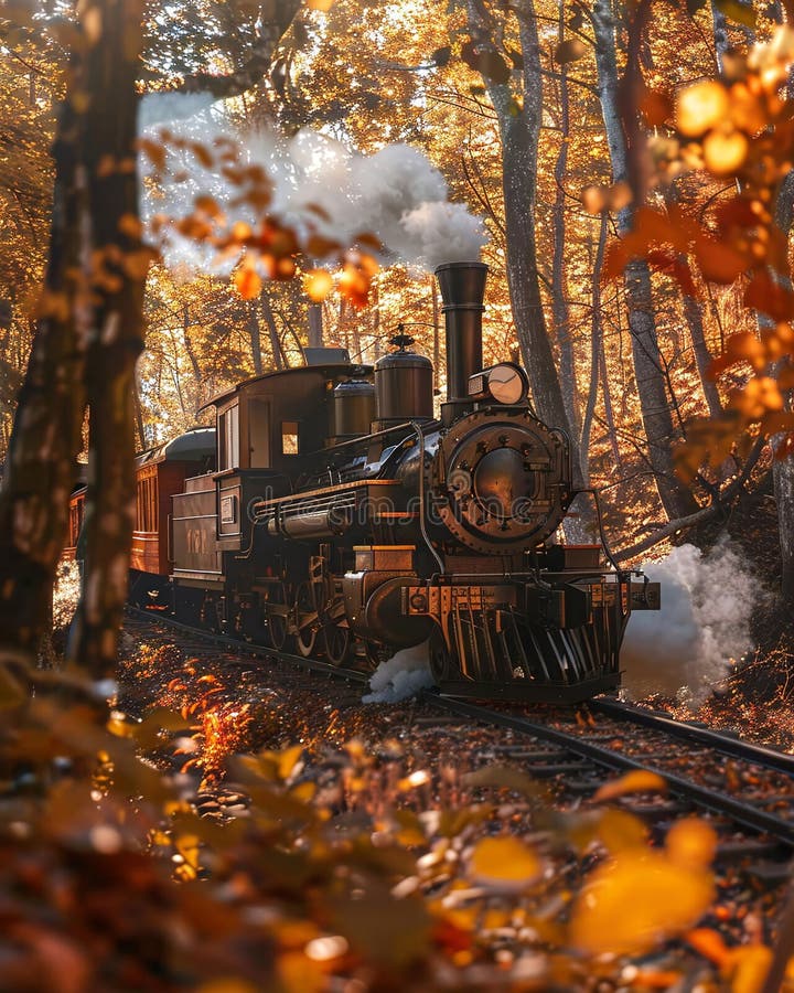 Old Steam Engine Puffing through an Autumn Forest, Side View Stock ...