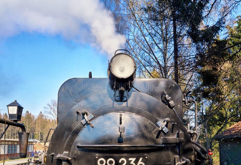 Old Steam Locomotive from the Front with Steam Stock Image - Image of ...