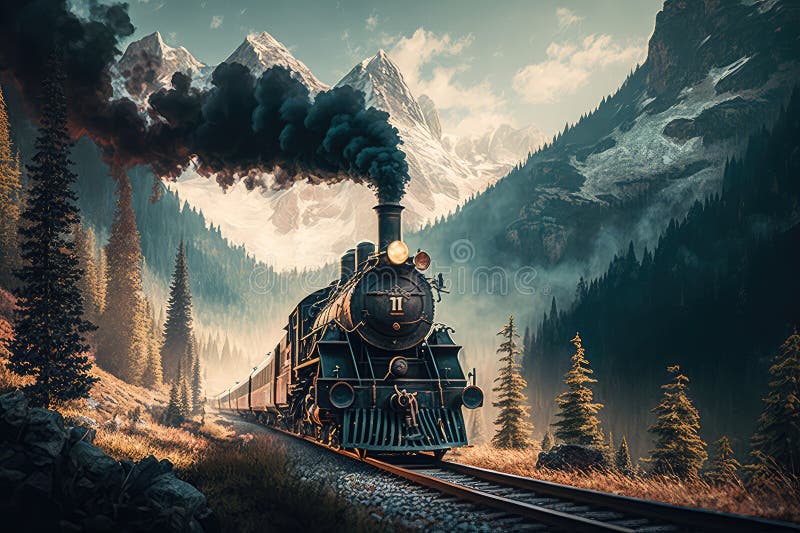 Old Steam Locomotive Pulling Train on Scenic Route through Mountains ...