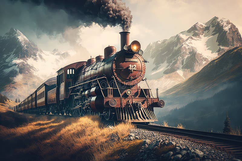 Old Steam Locomotive Pulling Train on Scenic Route through Mountains ...