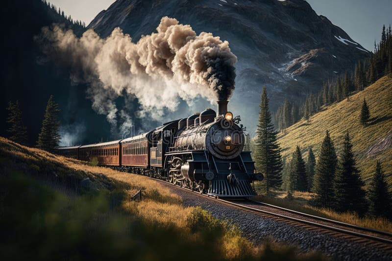 Old Steam Locomotive Pulling Train on Scenic Route through Mountains ...