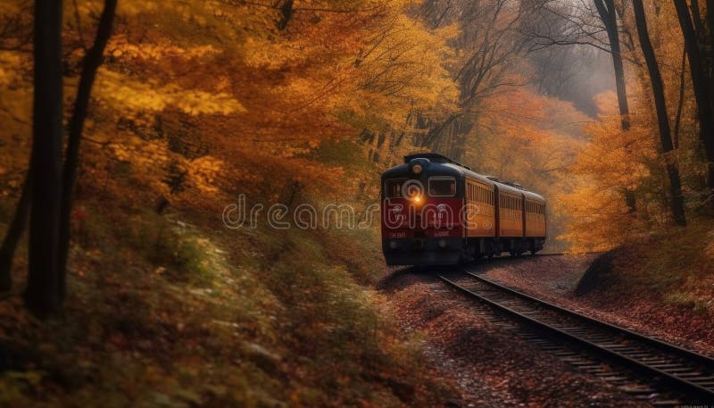 The Old Steam Locomotive Speeds through the Autumn Forest Generated by ...