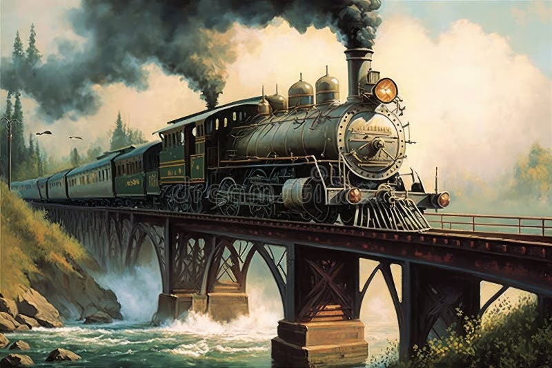 Old Steam Train Crossing Over Bridge, with View of the River Below ...