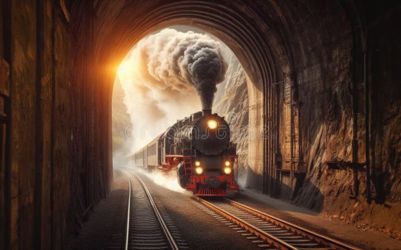 Old Steam Train Pulling into a Tunnel Belching Steam and Smoke Stock ...