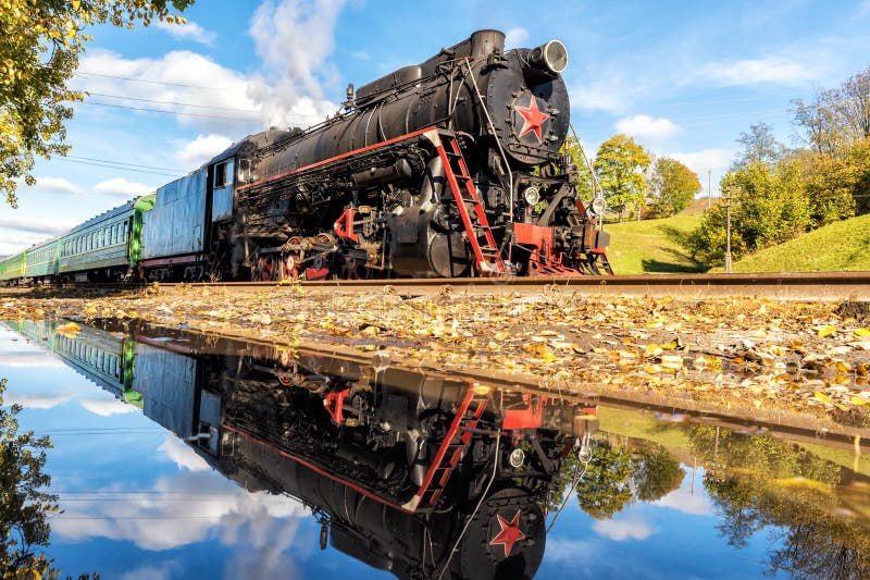 Old Steam Train at the Station with Reflection Stock Image - Image of ...