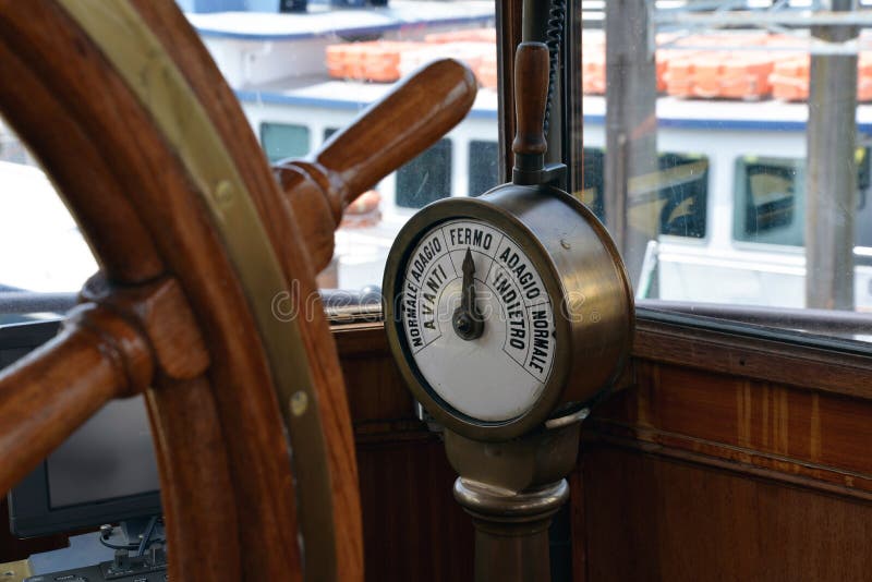 Old Steamboat Bridge, Steering Wheel and Commanding Gear Stock Image ...