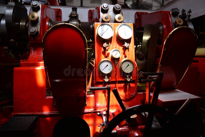 Old Steamboat Bridge, Steering Wheel and Engine Stock Image - Image of ...