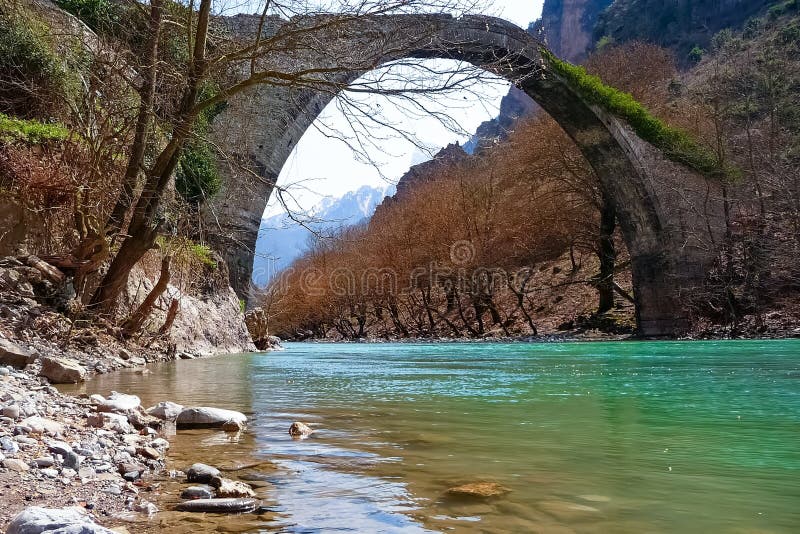 Old Stone Arch Bridge Over Aoos River, in Konitsa, Greece Stock Photo ...