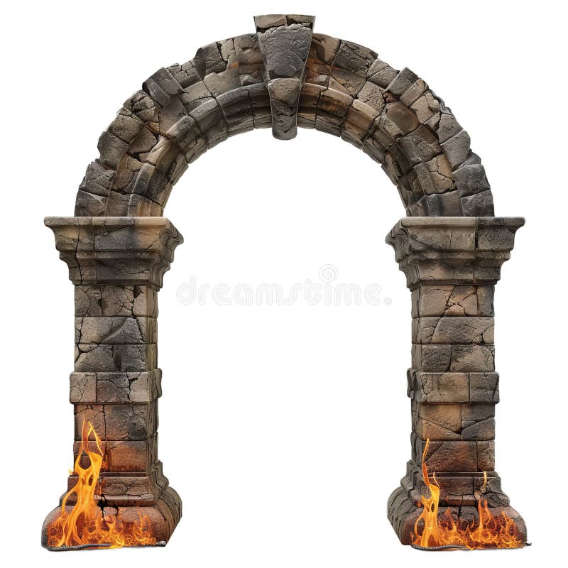 Old Stone Archway Burning with Bright Fire on White Background Stock ...