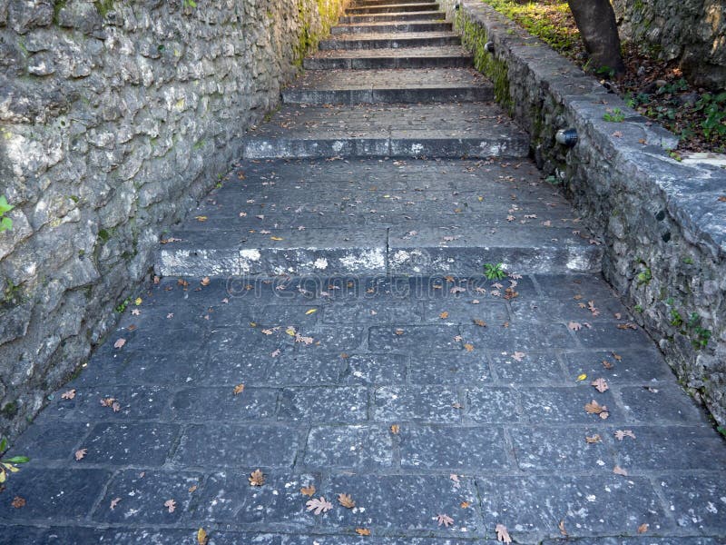 Old Stone Blocks Steps of Stairway Up with Stone Walls and Green Moss ...